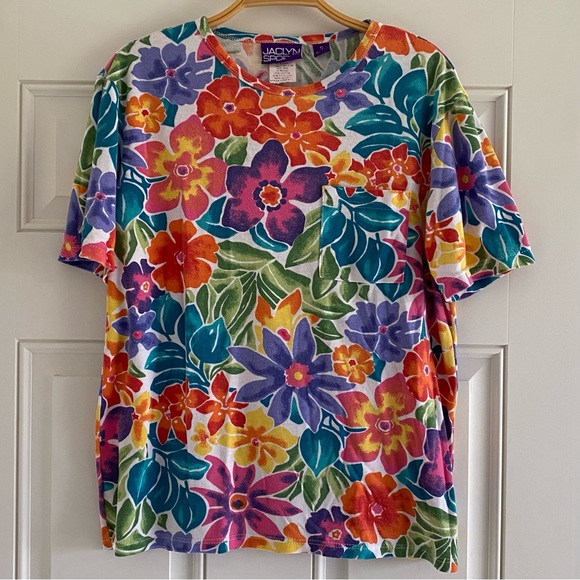 Vintage | Tops | Vintage 9s Jaclyn Sport Flower Floral Tee Shirt Cottage Core Collage Rainbow S ...